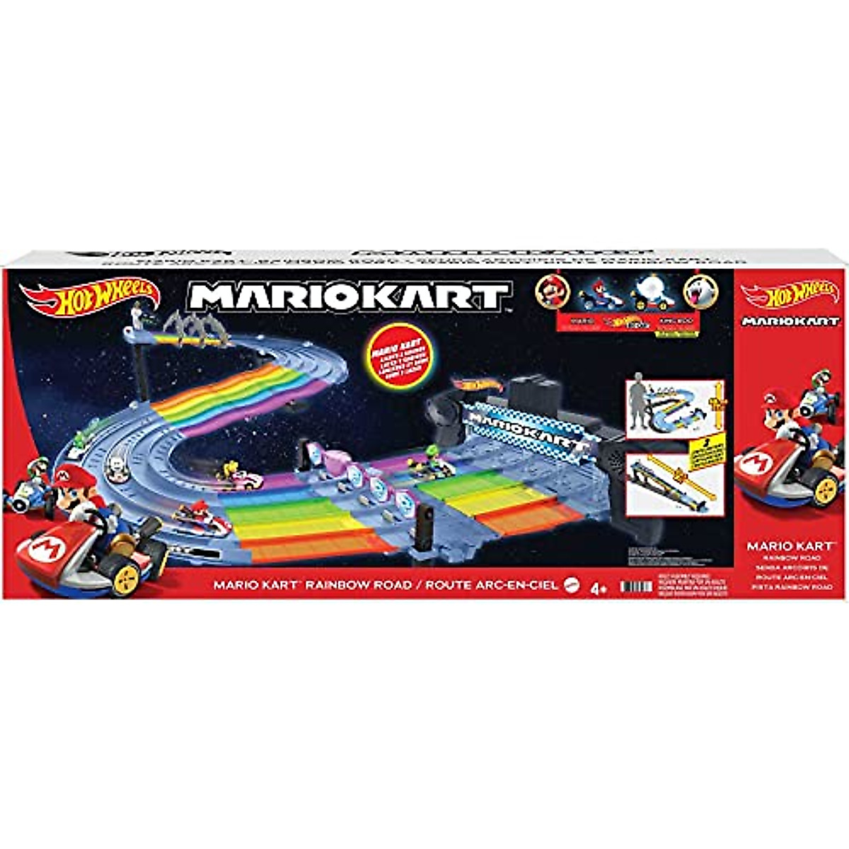 Hot Wheels Mario Kart Rainbow Road Raceway 8-Foot Track Set with Lights & Sounds & 2 1:64 Scale Vehicles, Race with 5-Track Colorful Course with 2 Configurations, Toy Gift for Kids