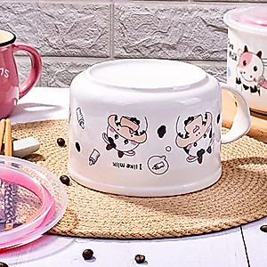 Ceramic Bowl with Lid and Handle,Cute Cows Design,Microwave for Instant Noodle Sara, Cereal Bowl (Black Milk)