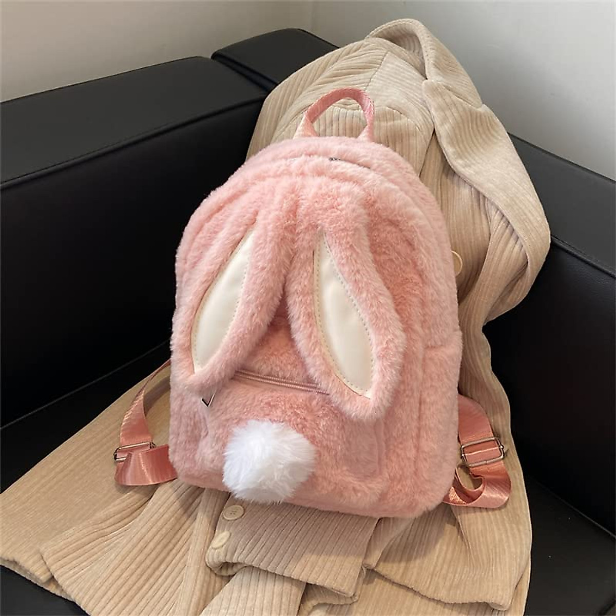 Mellshy Women Cute Rabbit Ears Backpack Fluffy Shoulder Bag School Bag Casual Dayback Satchel (Pink)