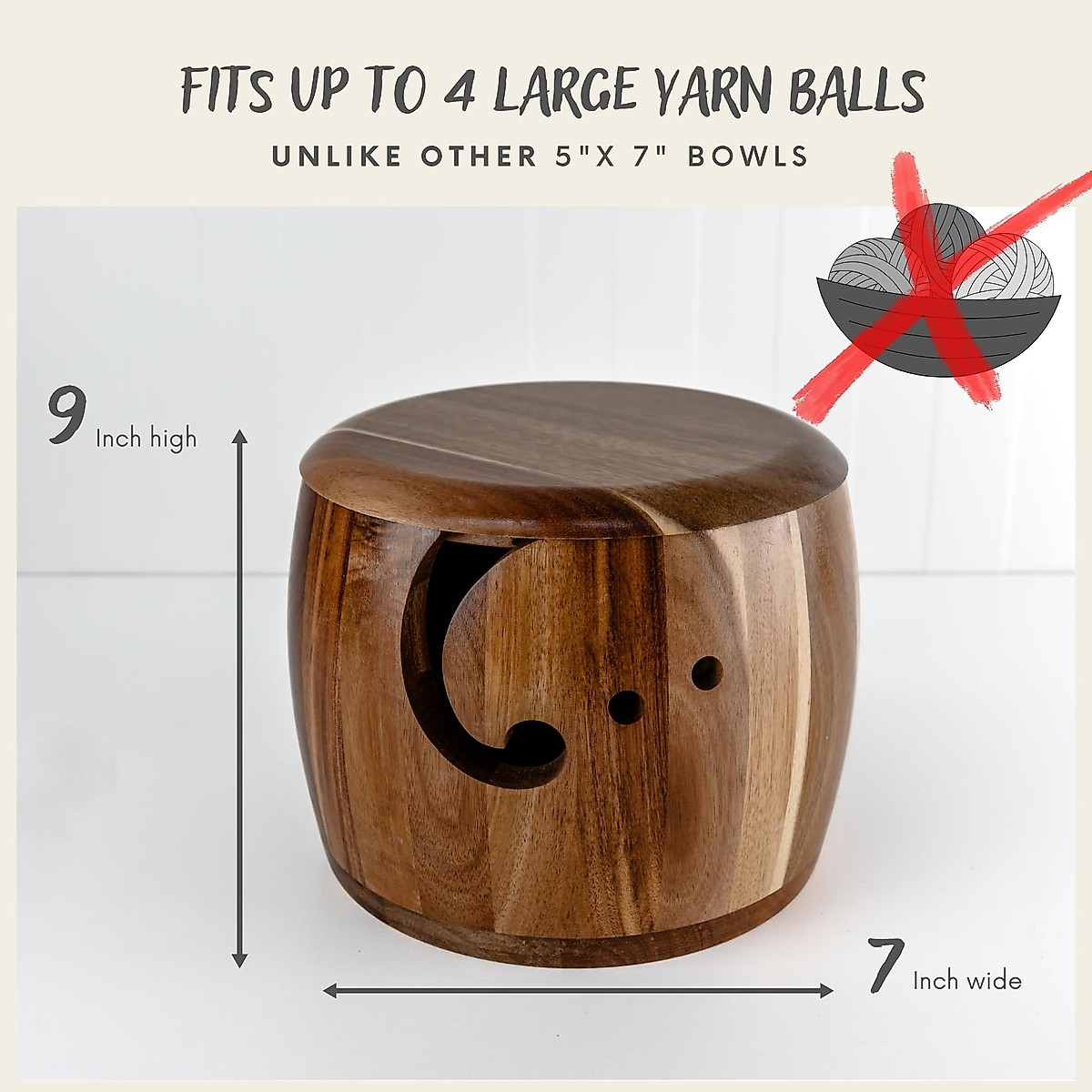Tyck Design's Large Wooden Yarn Bowl with Lid - 9x7 Inch XL Acacia Wood Holder for Knitting, Crocheting & Macrame - Extra Big & Strong Yarn Storage