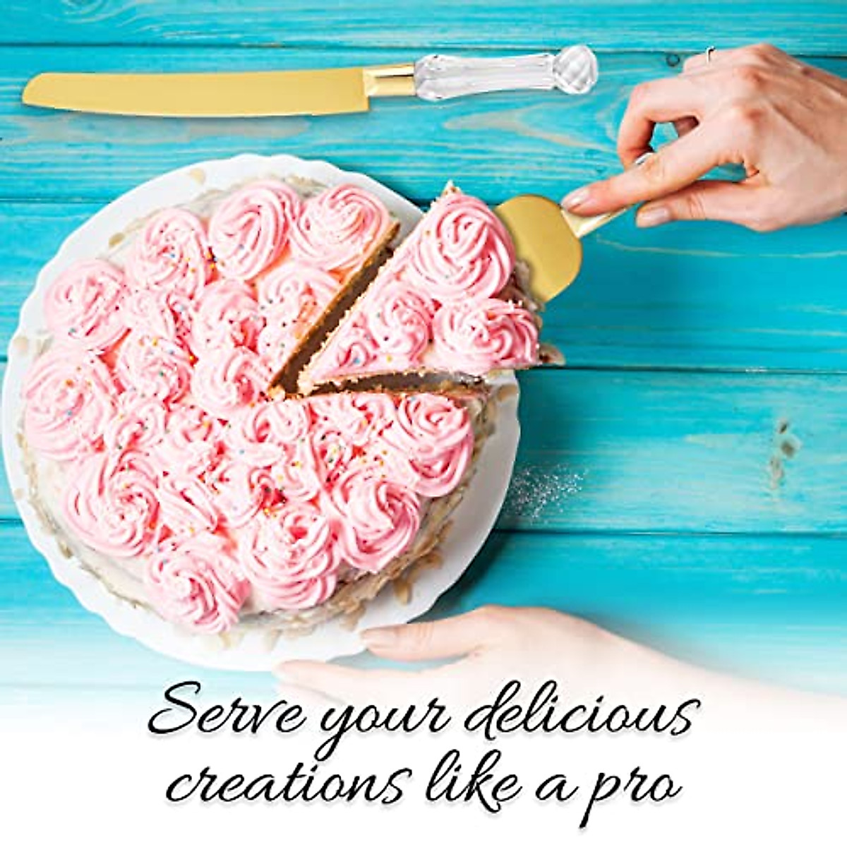 Homi Styles Wedding Cake Knife and Server Set | Plastic Faux Crystal Handles & 420 Stainless Steel Titanium gold plated Blades | Cake Cutting Set for Wedding Cake, Birthdays, Anniversaries, Parties