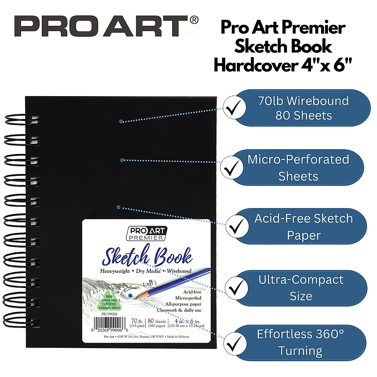 Pro Art Premium Sketch Book 4"x6" 80 Sheets, 70#, Wire, Sketch Book, Sketchbook, Drawing Pad, Pad, Drawing Paper, Art Book, Paper, Sketchbook for