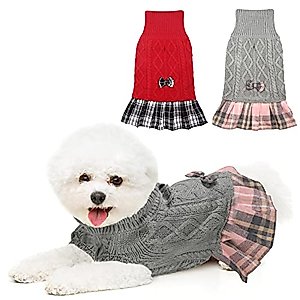 Weewooday 2 Pieces Dog Sweater Plaid Dress Turtleneck with Bow Tie Cold Weather Sweater Pet Sweater Pullover Knitwear Puppy Sweater for Fall Winter Red and Gray (Medium)