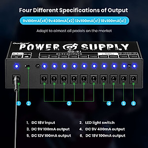 Guitar Effect Pedal Power Supply 10 DC Output for 9V 12V 18V Pedals with Short Circuit Overcurrent Protection Separate GD-01