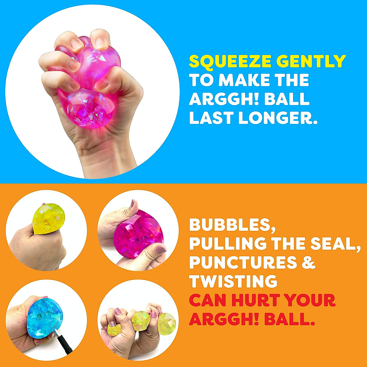Power Your Fun Arggh Glitter Mini Stress Balls for Adults and Kids - 3pk Squishy Stress Ball Fidget Toys, Sensory Toys and Stress Relief Mini Squishy Toys Squeeze Ball Toy (Yellow, Pink, Blue)