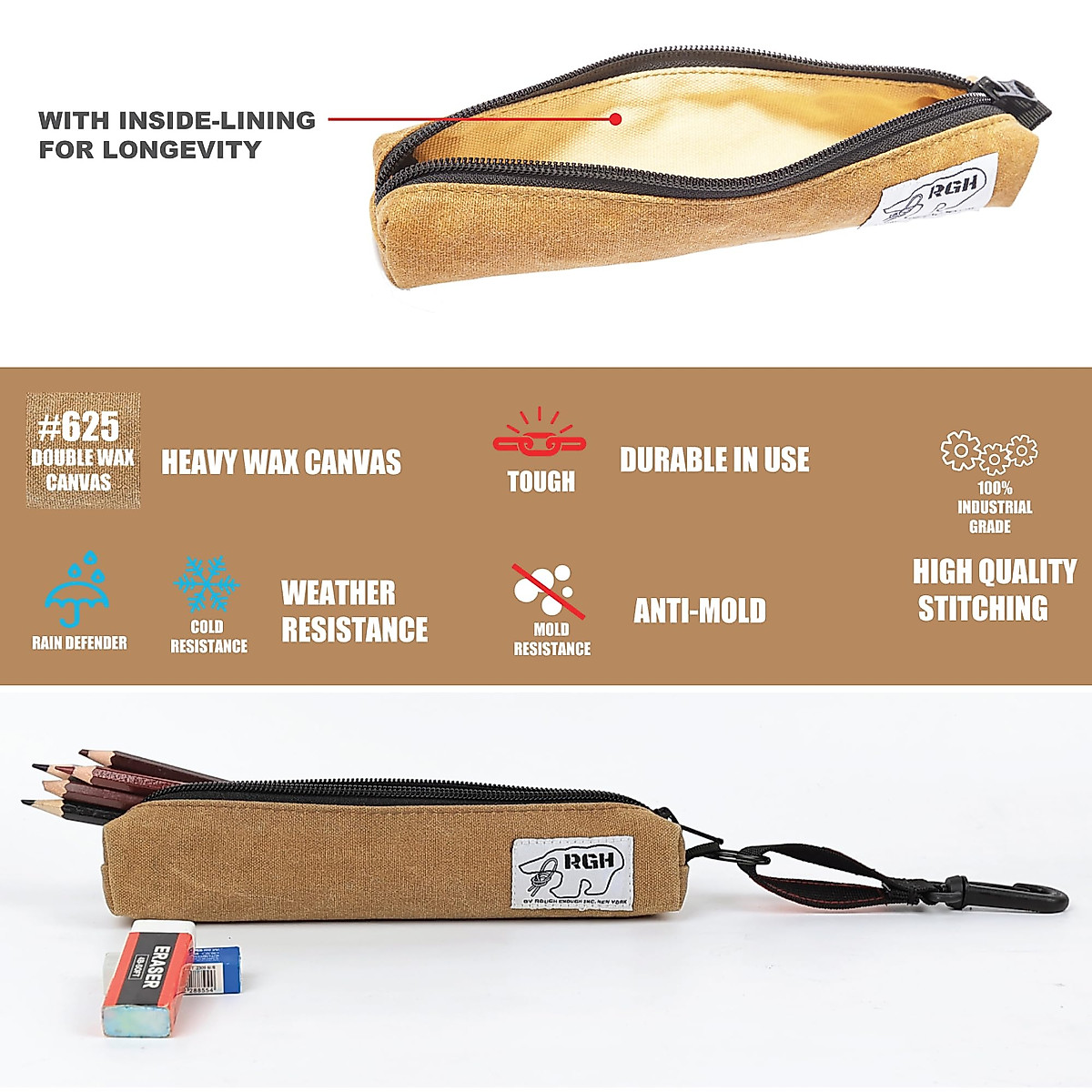 Rough Enough Small Pencil Pouch Pen Case Canvas for Adults Boys Girls with Aesthetic Slim Thin design School Stationary Art Supplies Brown