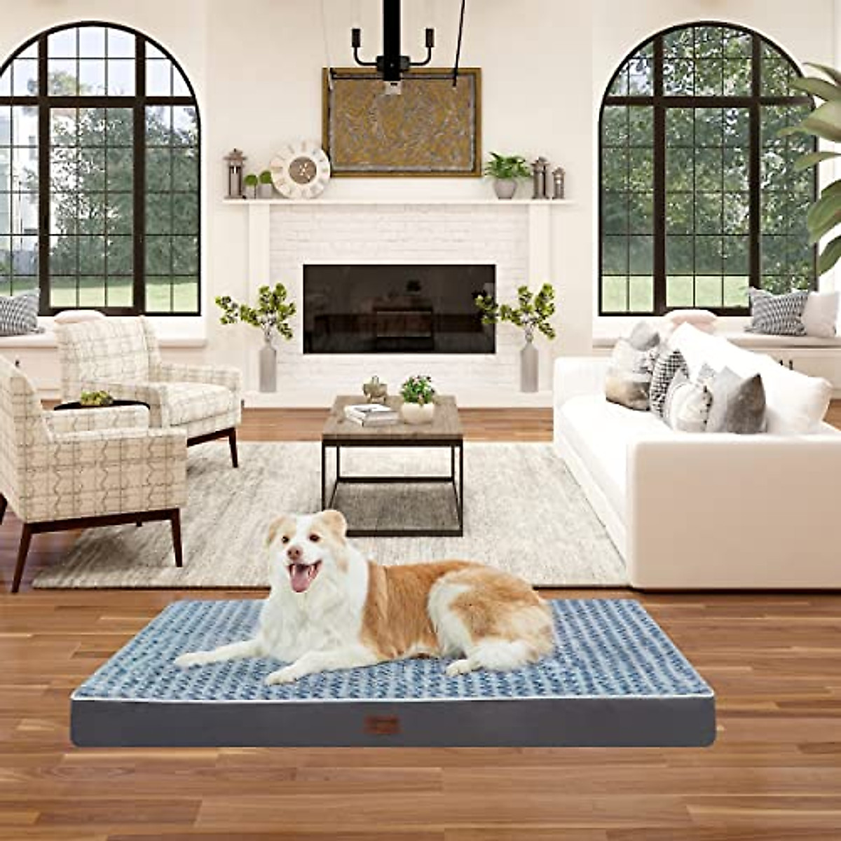 Dog Bed Mats for Large Big Dog - Orthopedic Dog Pet Durable Crate Bed Mattress of Thick Egg Foam Crate, Rose Plush Washable Cover, Waterproof Lining and Non-Slip Bottom(L(36''x27''x3''), Grey Side)