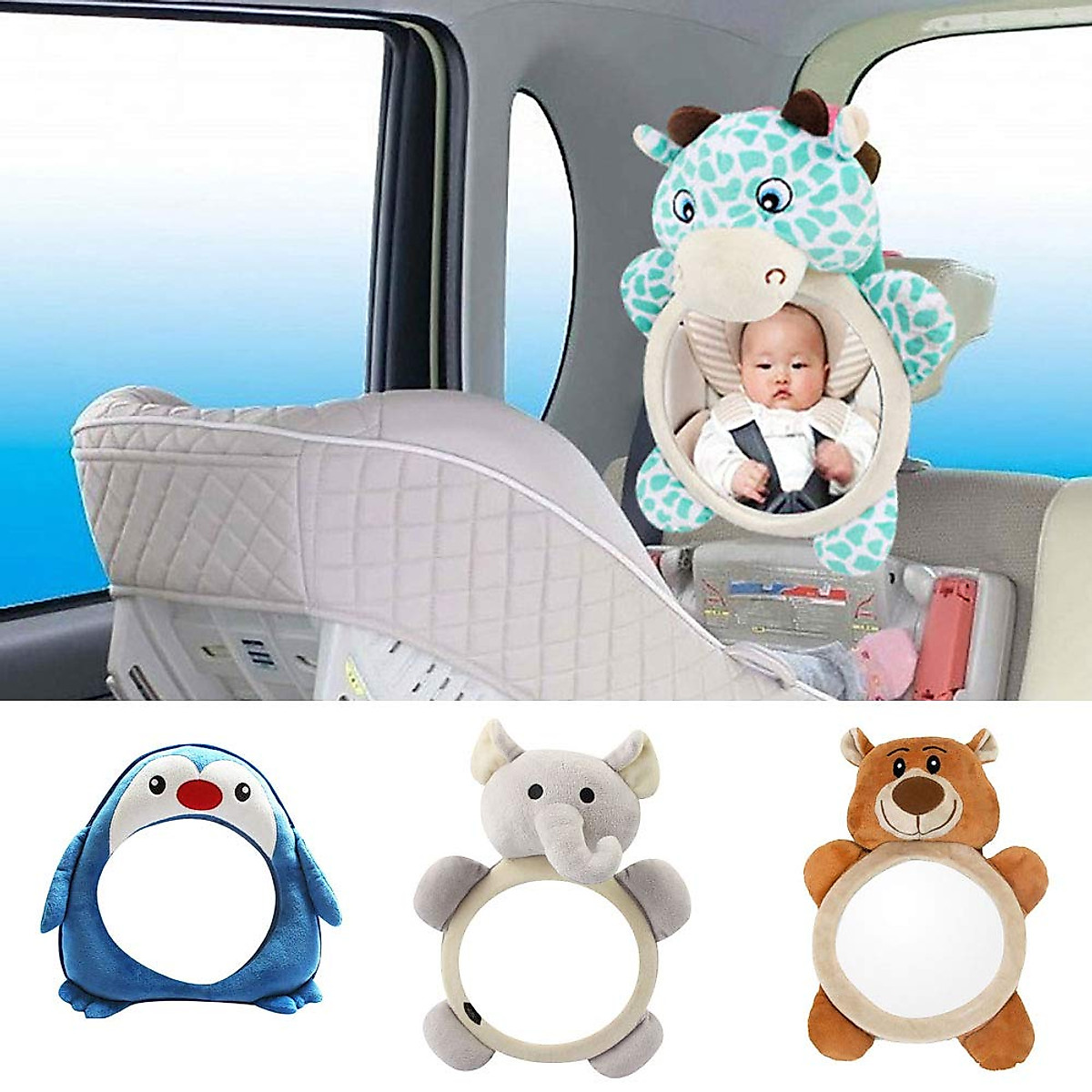 xinyijiayi Car Seat Mirror,Baby Car Mirror Stable Wide View Cute Cartoon Animal Car Headrest Mount Baby Safety Observation Rearview Mirror Elephant*