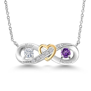 925 Sterling Silver and 10K Yellow Gold Customized and Personalized 2 Stone Gemstone Birthstone and Lab Grown Diamond Heart Interlocking Infinity Symbol Name Engraved Pendant Necklace For Women
