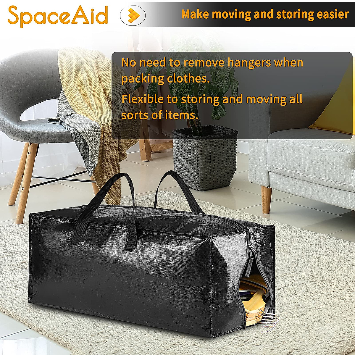 SpaceAid Heavy Duty Moving Bags, Extra Large Storage Totes W/ Backpack Straps Strong Handles & Zippers, Alternative to Moving Boxes, Packing & Moving Supplies, Black (8 Pack)