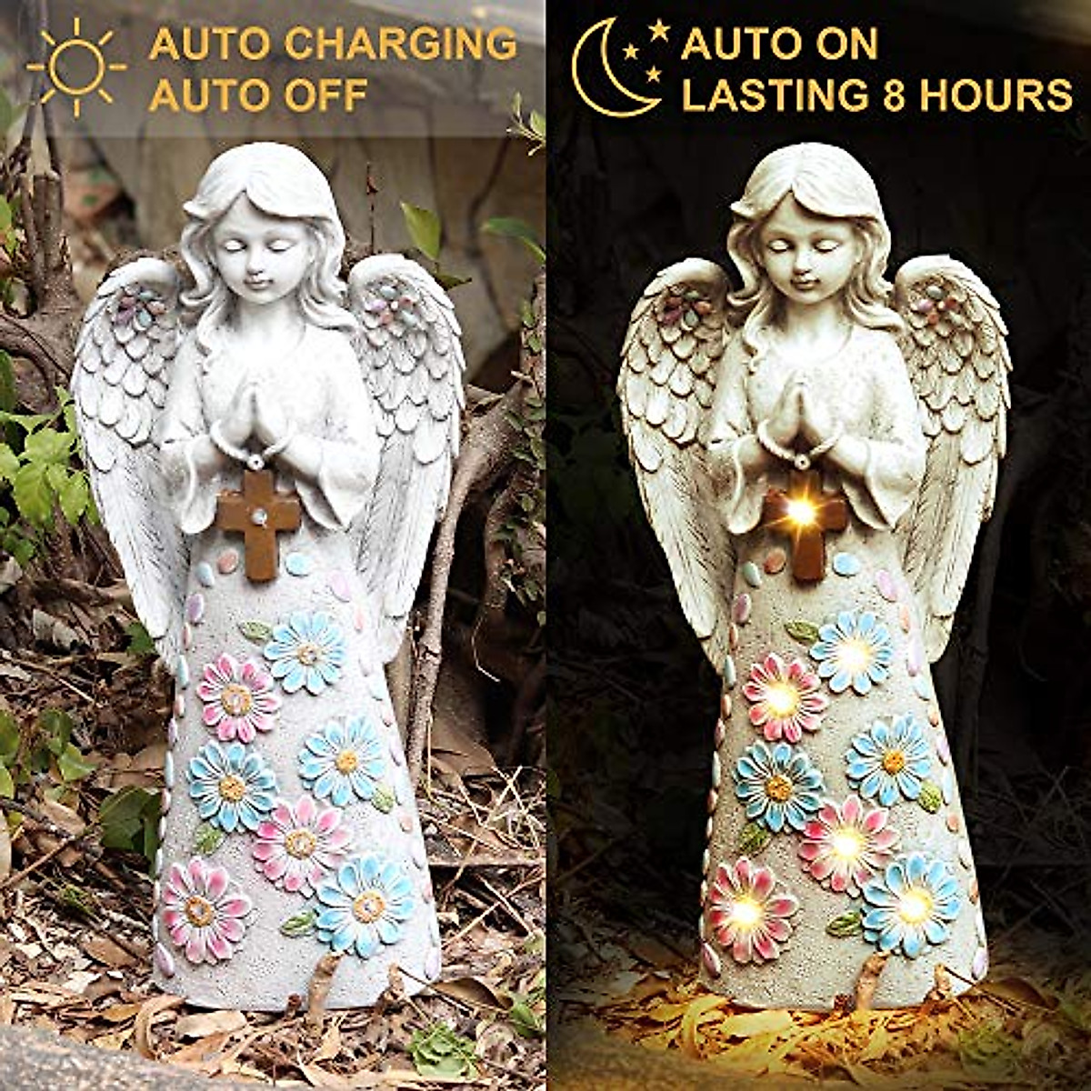 Voveexy Angel Garden Figurine Outdoor Garden Statue, Solar Garden Sculpture with 7 LEDs Welcome Sign Resin Praying Angel Art Garden Decor for Patio Lawn Yard Porch Decoration, Housewarming Garden Gift