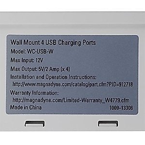 Magnadyne WC-USB-W White Wall Mount 4 USB Charging Ports (White Wall Plate included)