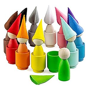 Ulanik Large Peg Dolls in Cups with Hats Toddler Montessori Toys for 3 Year Old + Wooden Waldorf Dolls for Learning Color Sorting and Counting — 12 Gnomes