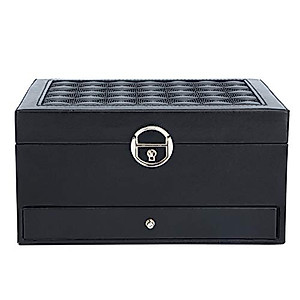 Jewelry Box Organizer Three-Layers Leather Jewelry Display Case Retro Lock Mirror (Three-Layers, Black)