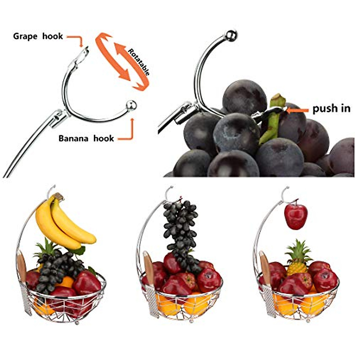 ROSYLINE Fruit Basket Banana holder, Elegant Fruit Bowl with Banana Tree Hanger (Chrome Finish)