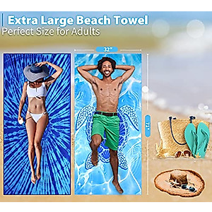 2 Pack Lightweight Thin Beach Towel Oversized 71"x32" Big Extra Large Microfiber Sand Free Towels for Adult Quick Dry Travel Camping Beach Accessories Vacation Essential Gift Blue Tie Dye Turtle