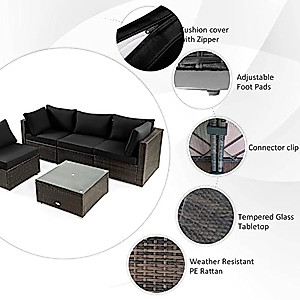 Tangkula 6-Piece Patio Furniture Set with 30” Propane Fire Pit Table, Outdoor PE Wicker Conversation Set with Cushions and Tempered Glass Coffee Table, Gas Fire Pit Table with 50,000 BTU (Black)