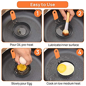 Hhyn Egg Rings for Griddle Frying Eggs Upgraded 4 Packs, Pancake Shapers with Orange Silicone Handle Non-stick Egg Molds for cooking Breakfast Omelette Sandwiches (3", 3.5", 6", 8")
