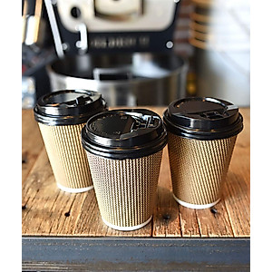 OzBSP 12 oz Paper Coffee Cups with Lids - 100 Pack BROWN. Insulated & Sturdy, Leak Proof Lids, Ripple Wall No Sleeves Needed, Disposable Coffee Cups with Lids for Hot Drinks. To Go Coffee Cups