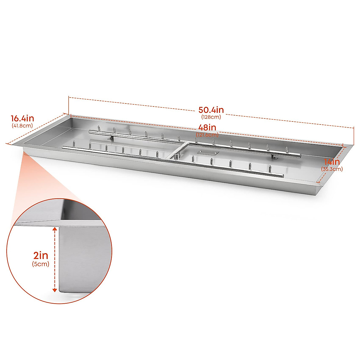 Stanbroil Drop-in Fire Pit Jet Burner, Upgrade 48" x 14" Stainless Steel Fire Pit Pan for Natural Gas & Propane Fire Table, High Flame, 185k BTU Max
