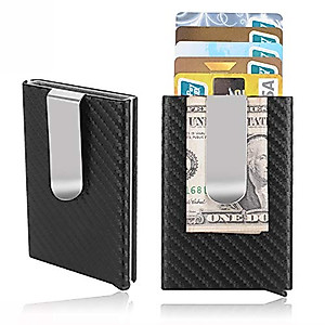 YWHBK Men Credit Card Holder, Metal Money Clip,Carbon Fiber Leather Slim Wallets for Men, Mens RFID Blocking Auto Pop up Front Pocket Small Card Case Wallet (black)