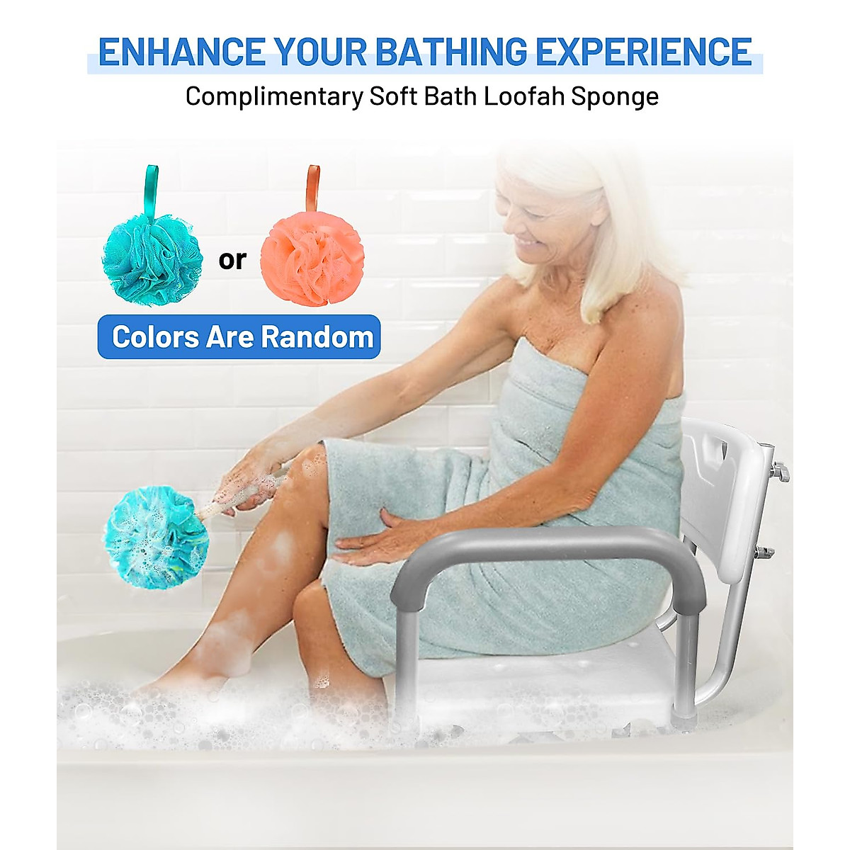 Tocebe Shower Chair for Inside Shower, 550LB Capacity Shower Seat with Reinforced Cross Bar, Adjustable Height Anti Slip Bath Chair with Backrest, Padded Armrests, Loofah Stick for Elderly & Disabled