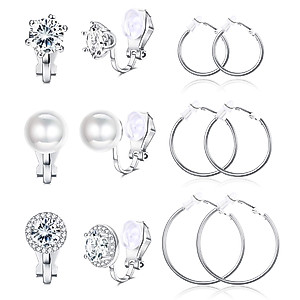 Ubjuliwa 6 Pairs Clip On Earrings for Women Fashion Hoop CZ Pearl Stud Earrings Women Clip On Earrings Set