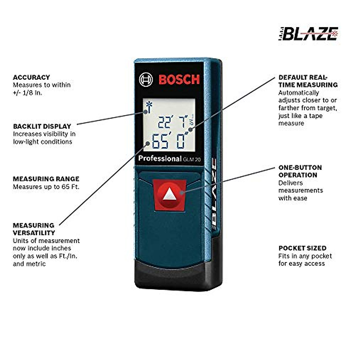 BOSCH GLM20 Blaze 65ft Laser Distance Measure with Real Time Measuring,Blue | Slice - 10400 Box Cutter, 3 Position Manual Button with Ceramic Blade, Locking Blade