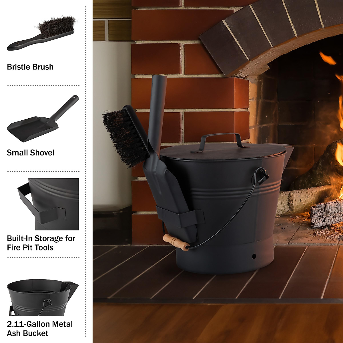 Pure Garden Ash Bucket with Lid, Broom, and Shovel, Black