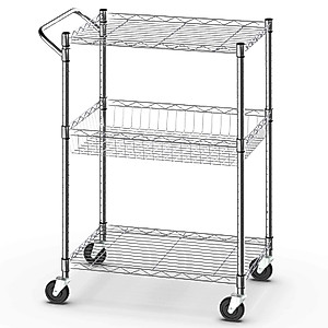 Giantex 3-Tier Rolling Utility Cart, Kitchen Island Cart on Wheels, with Handle Bar, Adjustable Shelves, Wire Mesh Microwave Cart for Utensils or Tableware, Commercial Grade Serving Cart (Silver)