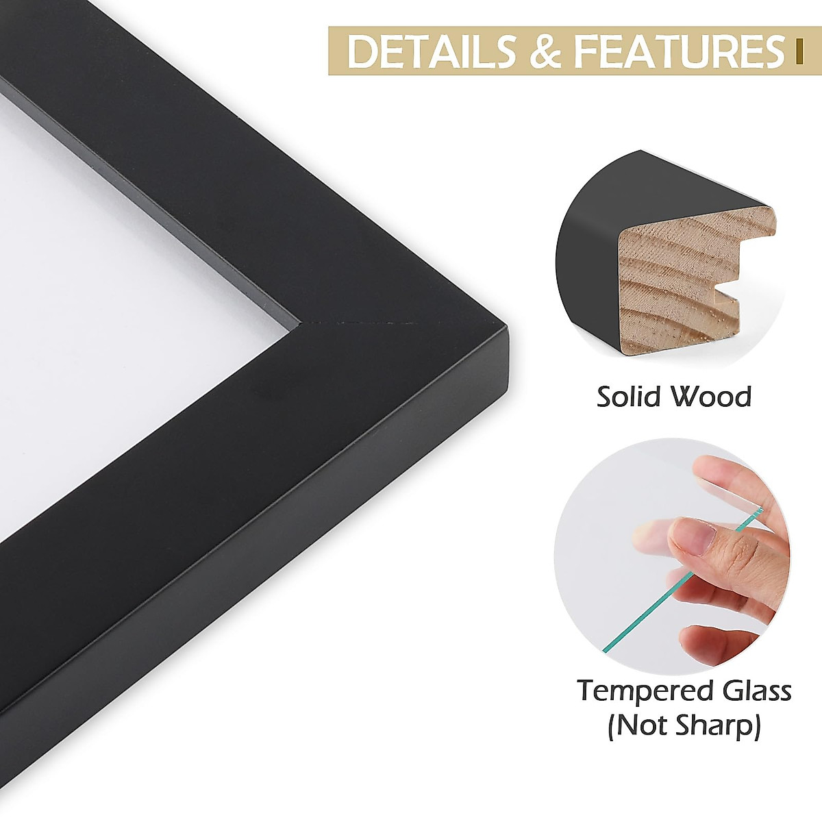 Golden State Art, 9x12 Picture Frame - Black Solid Wood With Tempered Glass - Display Pictures 6X8 with Mat or 9X12 Without Mat - Wall Hanging Photo Frame, 1 Pack