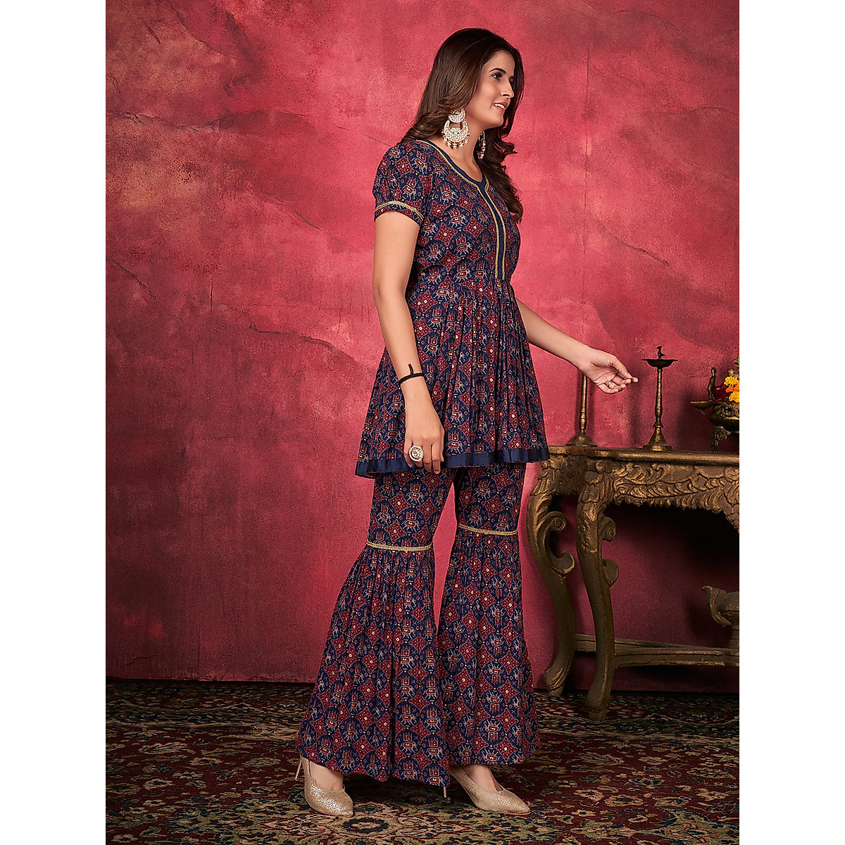 Indian Kurti for Womens With Pant | Foil Print Kurta Partywear Kurtis For Women Tunic Set Blue