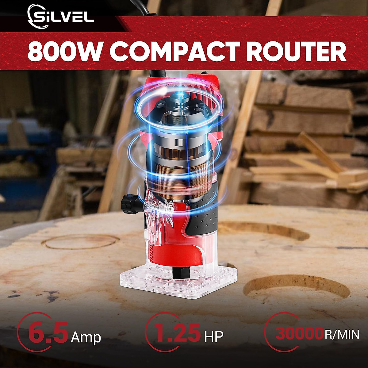 SILVEL Wood Router, 800W Wood Routers for Woodworking, 6.5Amp 1.25HP Hand Wood Router Tool, 30000R/MIN Compact Edge Trimmer with 15 1/4" Router Bit Set, Red