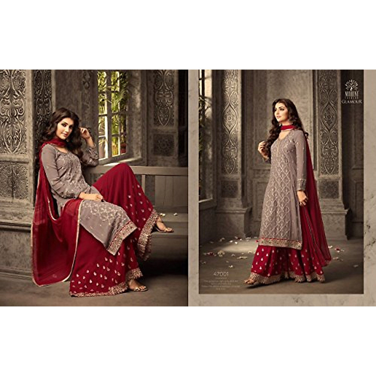 Indian Pakistani Dresses for Women Palazzo Style Embroidered Salwar Kameez Suit 47001 (Red, M-40)