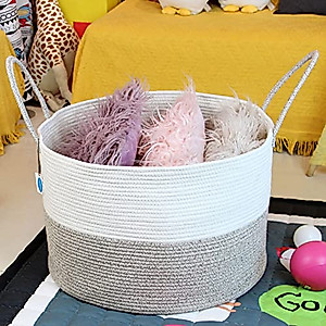 Casaphoria XXXLarge Cotton Rope Basket for Living Room - Woven Storage Basket with long Handle for Blankets, Towels and Pillows Laundry Hamper | Cream white and Brown (22" x 22" x 14")