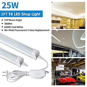 AQIQUUT Led Shop Light 2ft, Led Shop Light,25W 6500K 3200LM Clear Cover,T8 LED Light Fixture,Ceiling and Utility Shop Lights, Linkable Light Fixture for Room, Garage, Workbench, Warehouse(2-Pack)