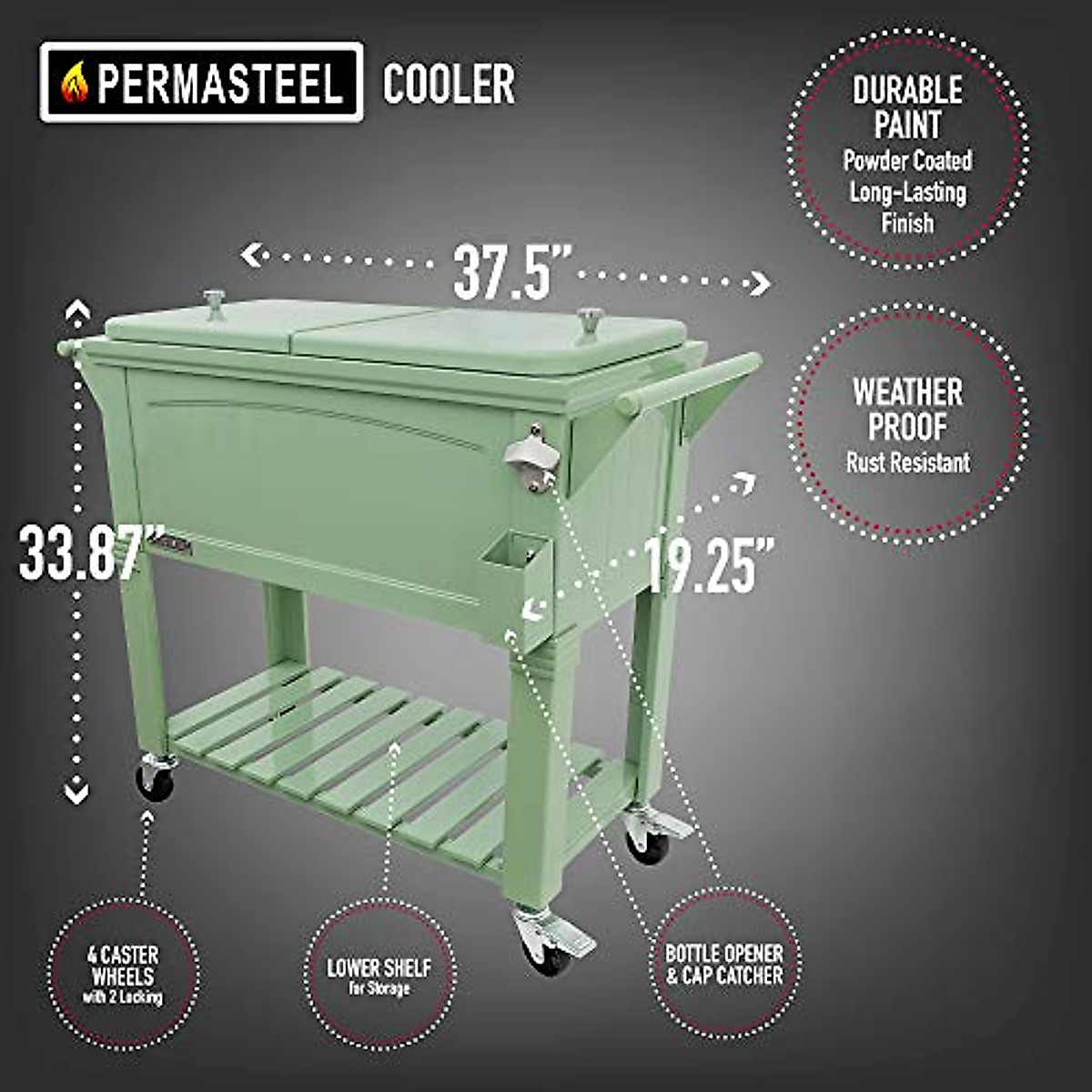Permasteel PS-203F1-SAGE-AM 80 Quart Portable Rolling Patio Cooler, Sage