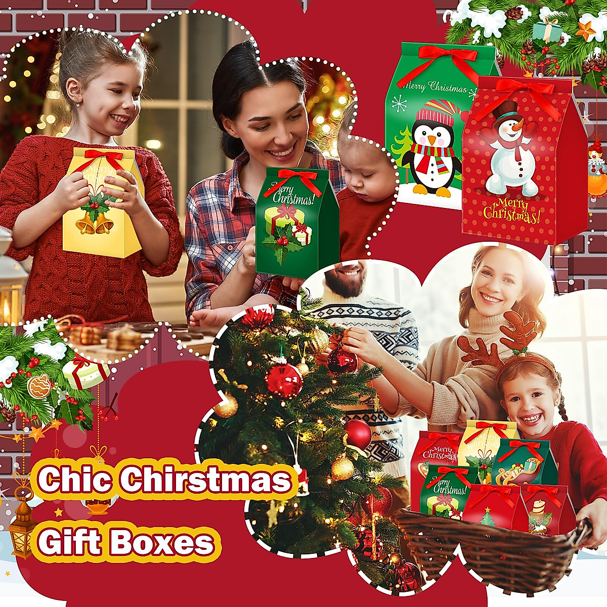 Cholemy 100 Pieces Christmas Paper Gift Boxes Xmas Small Treat Boxes Christmas Candy Boxes for Gift Giving Xmas House Shaped Gift Wrapping Boxes for Christmas Party Supplies Decoration