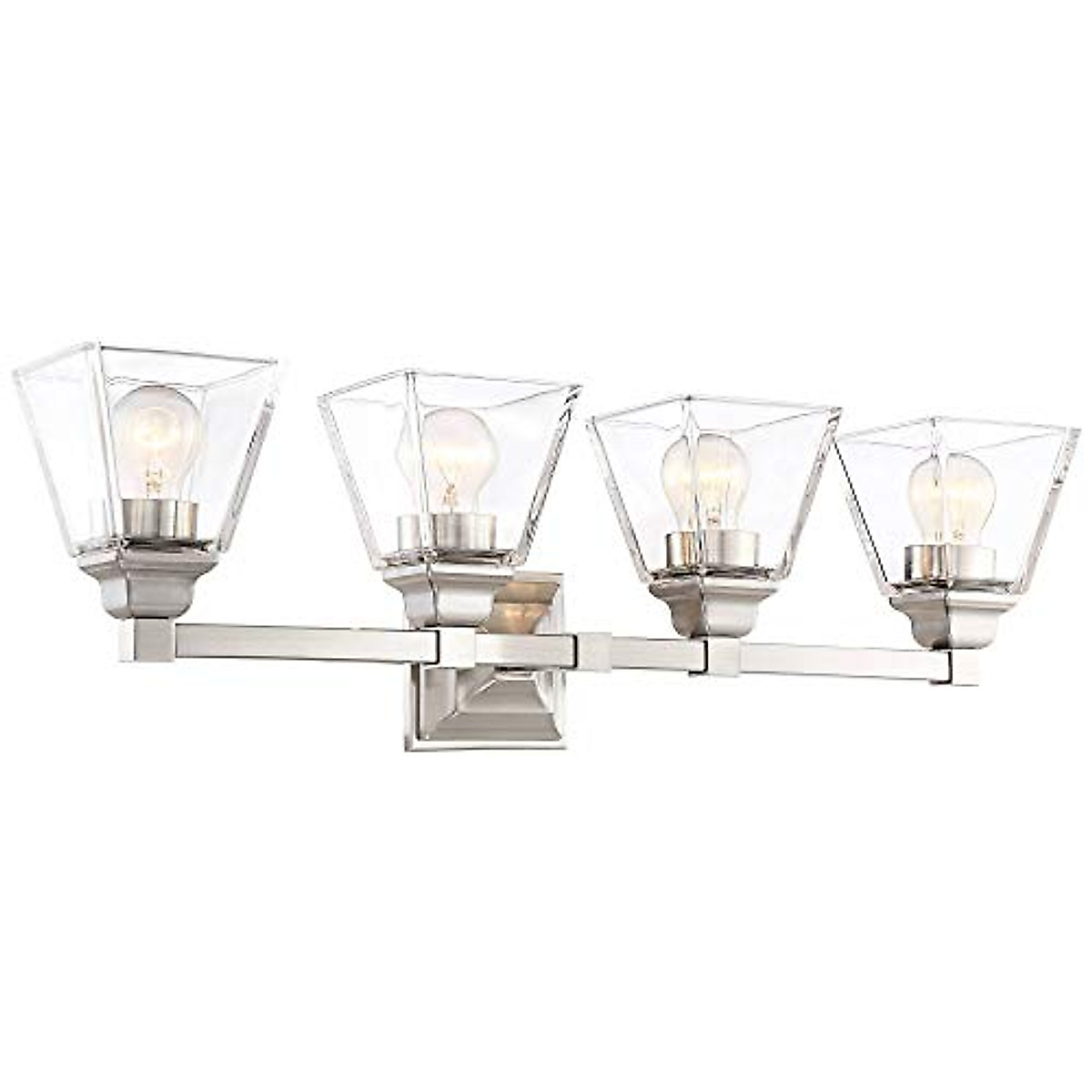 Regency Hill Mencino Mid Century Modern Wall Light Satin Nickel Silver Metal Hardwired 28" Wide 4-Light Fixture Clear Glass Cone Shade for Bathroom Vanity Mirror House Home Room Decor