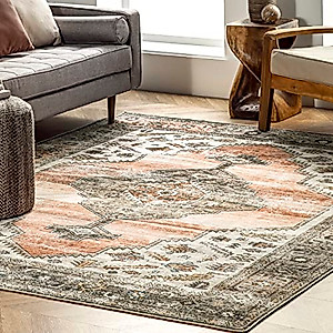nuLOOM Gracie Distressed Medallion Machine Washable Area Rug, 5' x 8', Peach