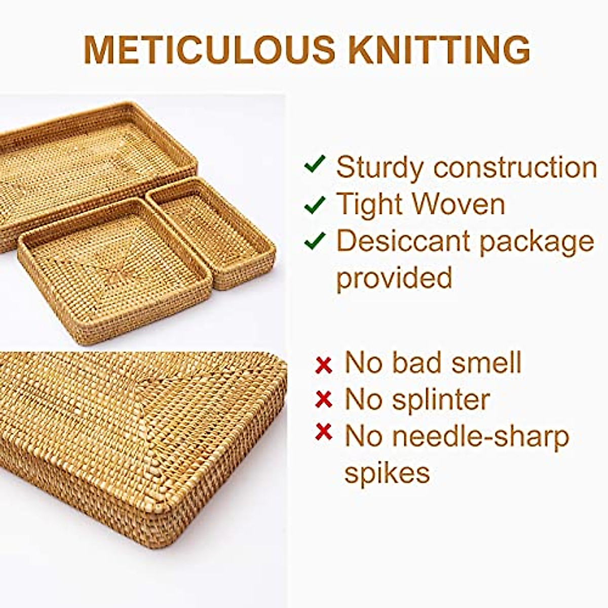 KOLSTRAW Rattan Tray Vanity Trays for Bathroom Coffee Table Tray Wicker Decorative Trays for Perfume Cologne Jewelry Key Makeup Brushes Remote Storage Large Ottoman Tray (3 Sizes: S+M+L, Honey Brown)