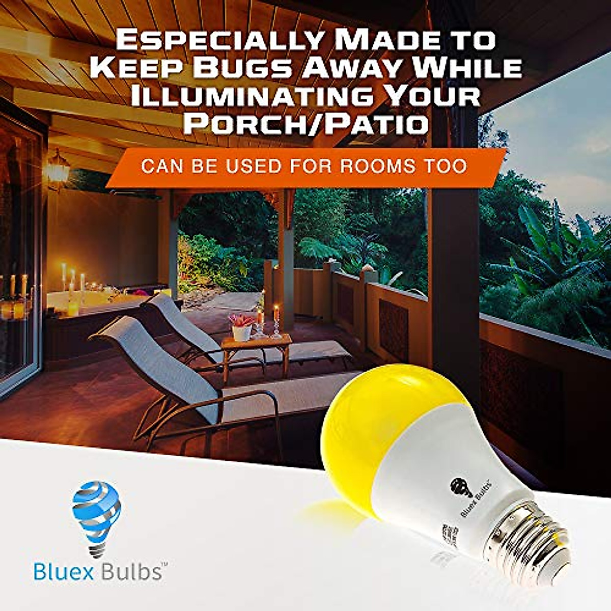 2-Pack BlueX A19 Amber Yellow LED Bug Light Bulb No Blue Light Outdoor 650 Lumens 120V E26 Medium Base LED 9.5 - Watt (60-watt Replacement) A19 Outdoor Bug LED Warm Light Bulb