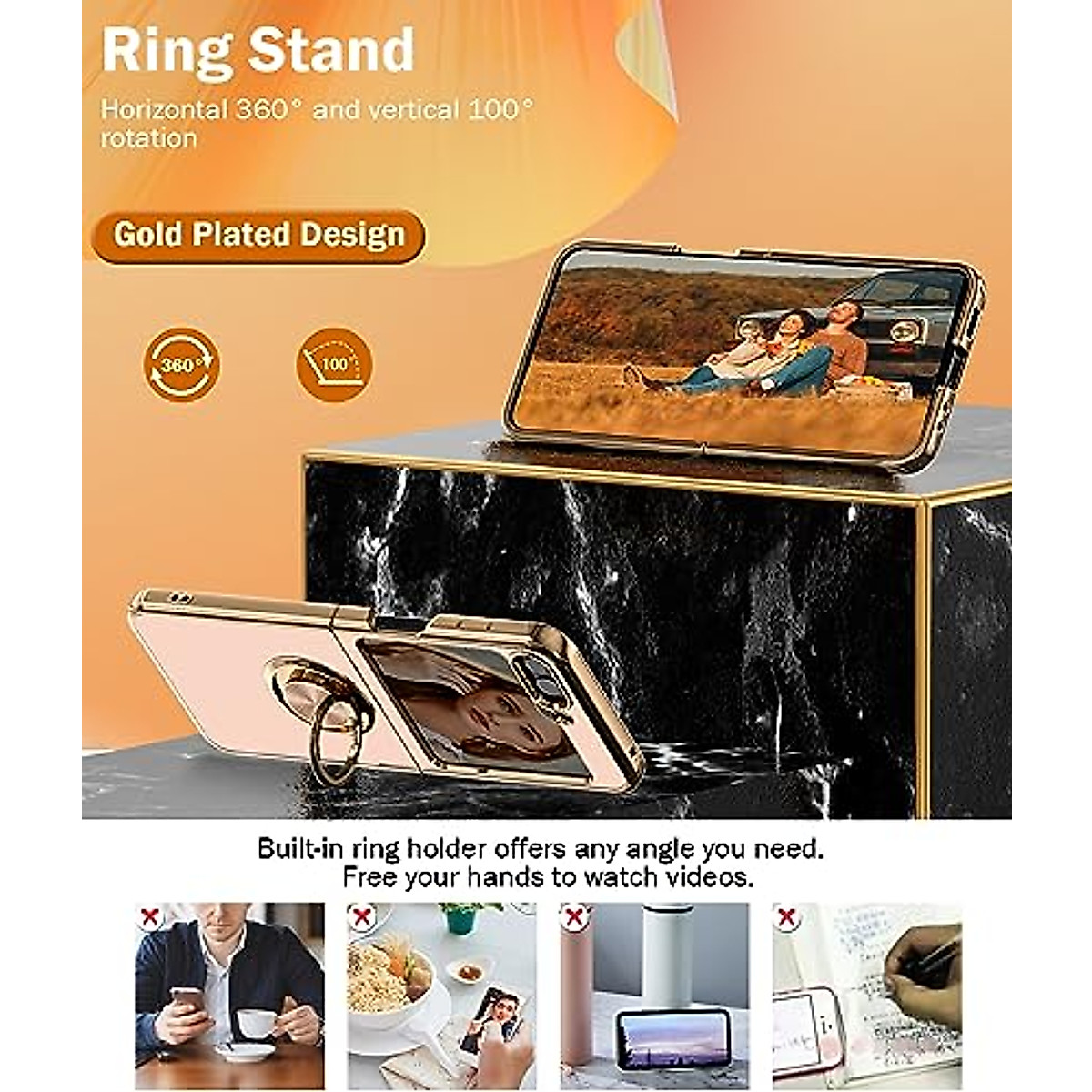 Jasmeas for Galaxy Z Flip 5 Case for Women Girl, Luxury Soft Back Cover with Ring Holder Plating Rose Gold Edge 360° Kickstand Slim Flexible Phone Case for Samsung Galaxy Z Flip5 (2023), Pink