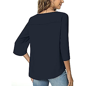 TAOHUADAO Womens 2025 Summer Casual Square Neck Loose Tunic Top for Leggings 3/4 Sleeve Chiffon Blouse Shirt Tops Large, Navy Blue