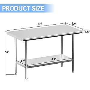 JOPHUN Stainless Steel Work Table, NSF Commercial Worktable with Undershelf and Legs for Restaurant, Home and Hotel - 24" D x 48" W x 34" H Inches