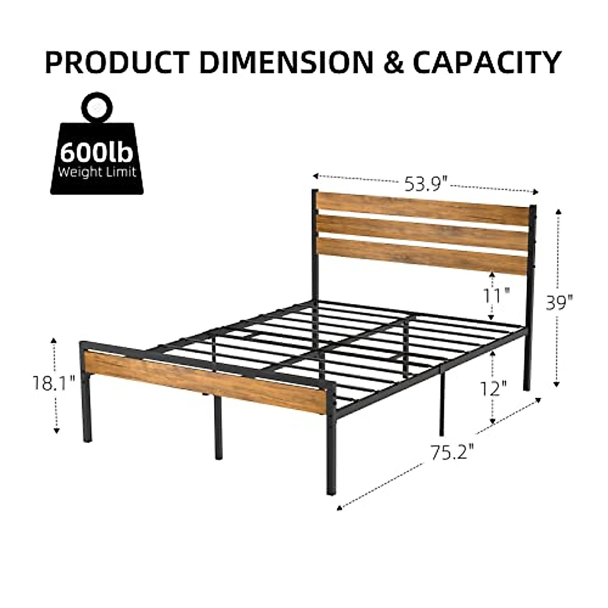 Alkmaar 12 Inch Full Size Bed Frame Platform with Headboard and Footboard No Box Spring Needed Metal-Wood Platform Bedframe, Easy Assembly