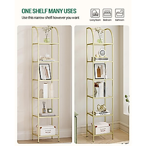 Hzuaneri Bookcase Bookshelf, Tempered Glass Arched Bookshelf for More Storage, Slim Shelving Unit for Bedroom, Bathroom, Home Office, Steel Frame, 6 Tier Gold BC20699G