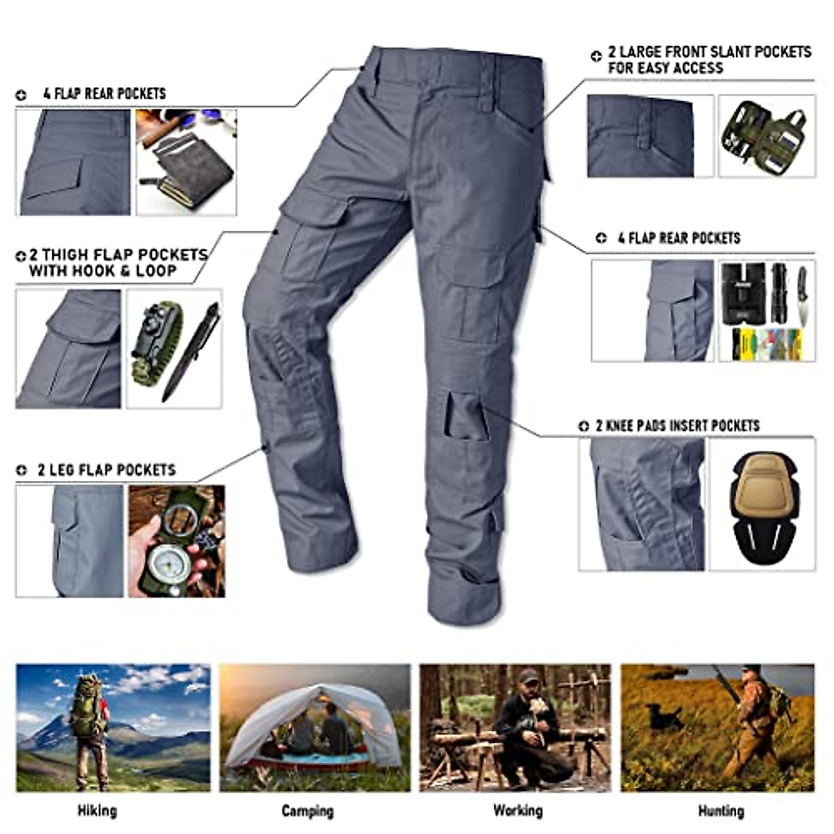 OCANXUE Tactical Pants Camo Cargo Pants for Men Outdoor Hiking Pants Ripstop Work Pants Multi Pocket Pants No Belt No Knee Pads Gray 34