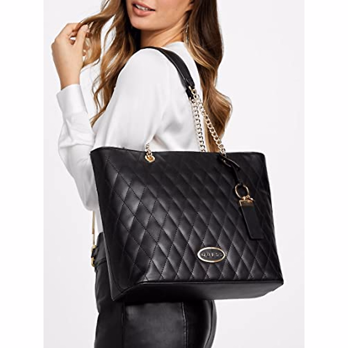 GUESS Factory Women's Quilted Chain Handle Tote Bag Handbag - Black