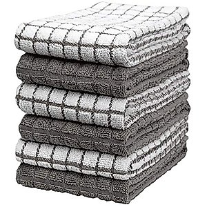 Kitchen Towels 16"x 28" | Dish Towels | Kitchen Hand Towels | Large Dishcloths Set | Highly Absorbent Tea Towel, Soft with Hanging Loop | Natural Ring Spun Cotton, 380 GSM | Gray Check Design - 6 Pack
